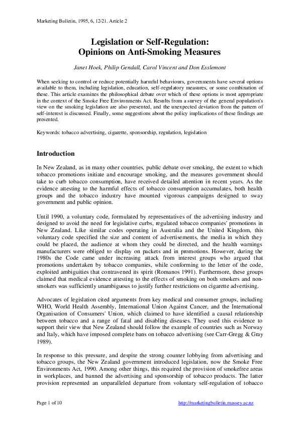 (PDF) Legislation or Self-Regulation: Opinions on Anti-Smoking Measures