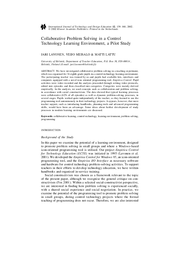 (PDF) Collaborative Problem Solving in a Control Technology Learning Environment, a Pilot Study