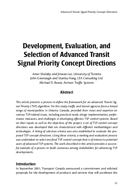 (PDF) Development, Evaluation, and Selection of Advanced Transit Signal ...
