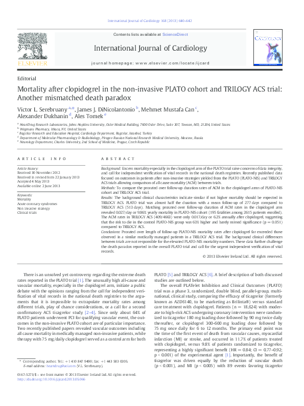 (PDF) Mortality after clopidogrel in the non-invasive PLATO cohort and ...