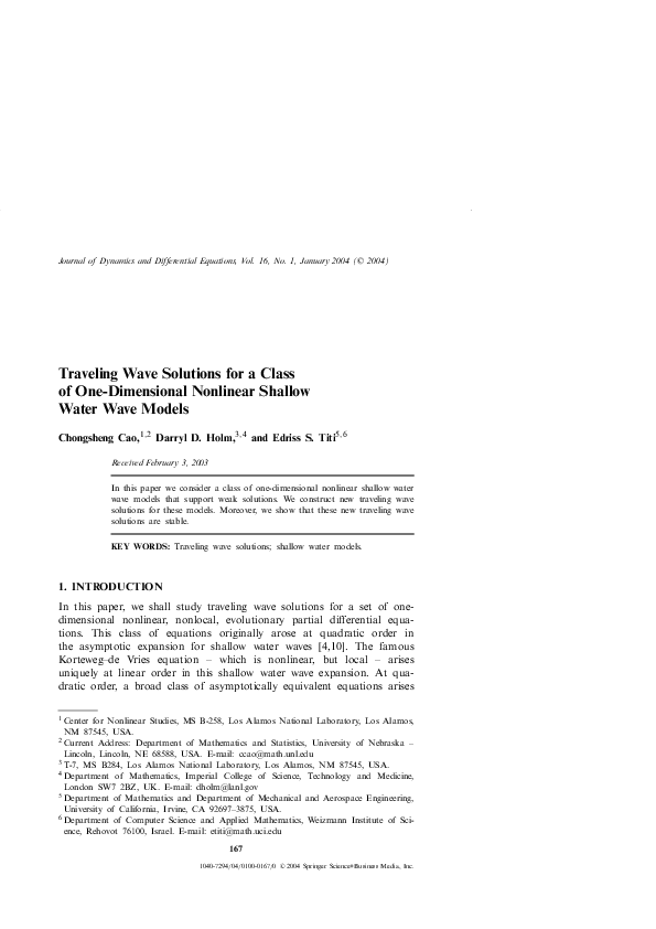 (PDF) Traveling Wave Solutions for a Class of One-Dimensional Nonlinear ...