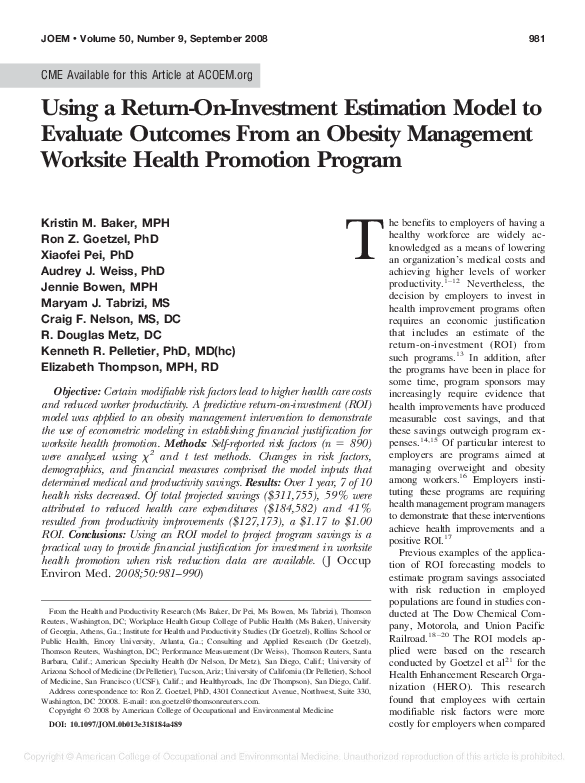 (PDF) Using a Return-On-Investment Estimation Model to Evaluate ...