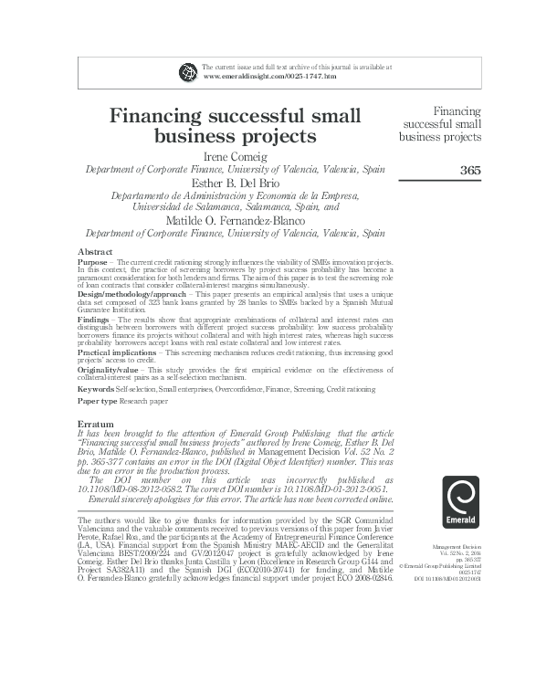 (PDF) Financing successful small business projects