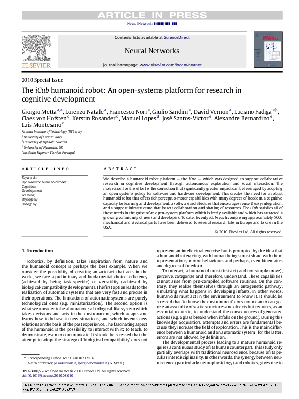 Pdf The Icub Humanoid Robot An Open Systems Platform For Research In