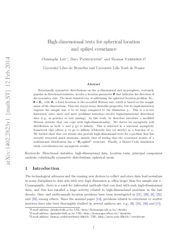 (PDF) High-dimensional tests for spherical location and spiked covariance