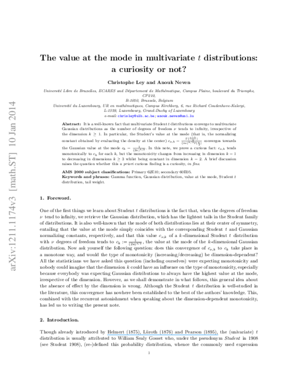 (PDF) The normalizing constant in multivariate t distributions ...