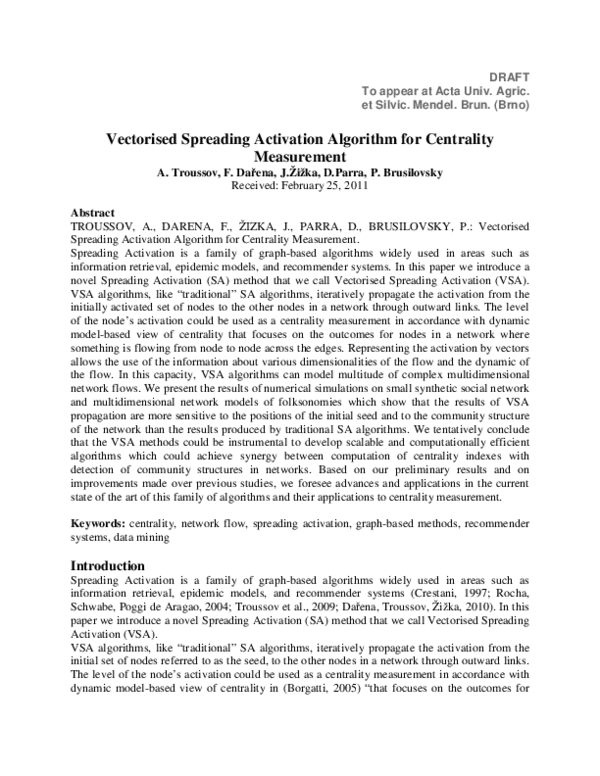 (PDF) Vectorised Spreading Activation algorithm for centrality measurement | Denis Parra ...