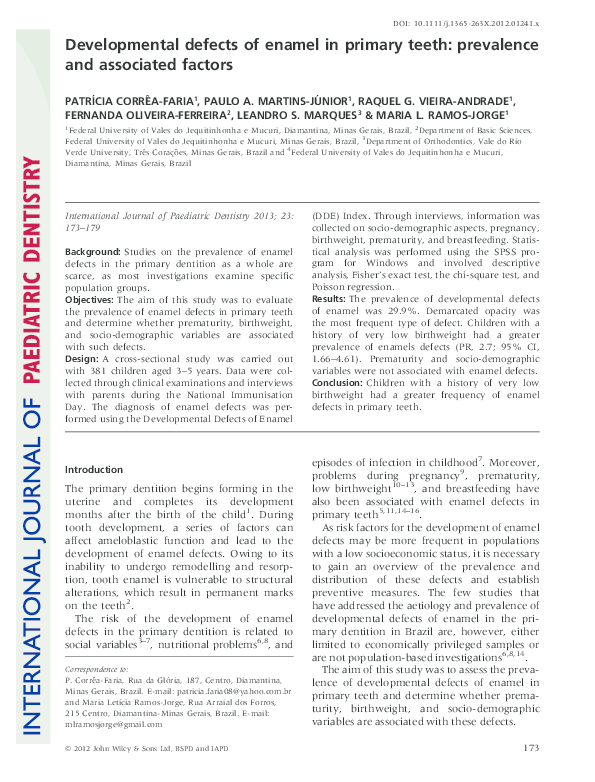 (PDF) Developmental defects of enamel in primary teeth: prevalence and ...