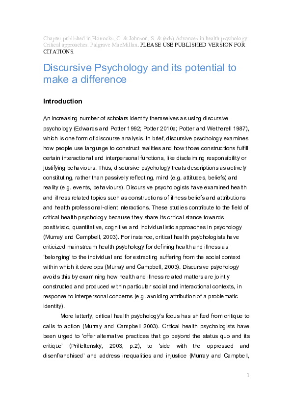 (PDF) Discursive Psychology and its potential to make a difference