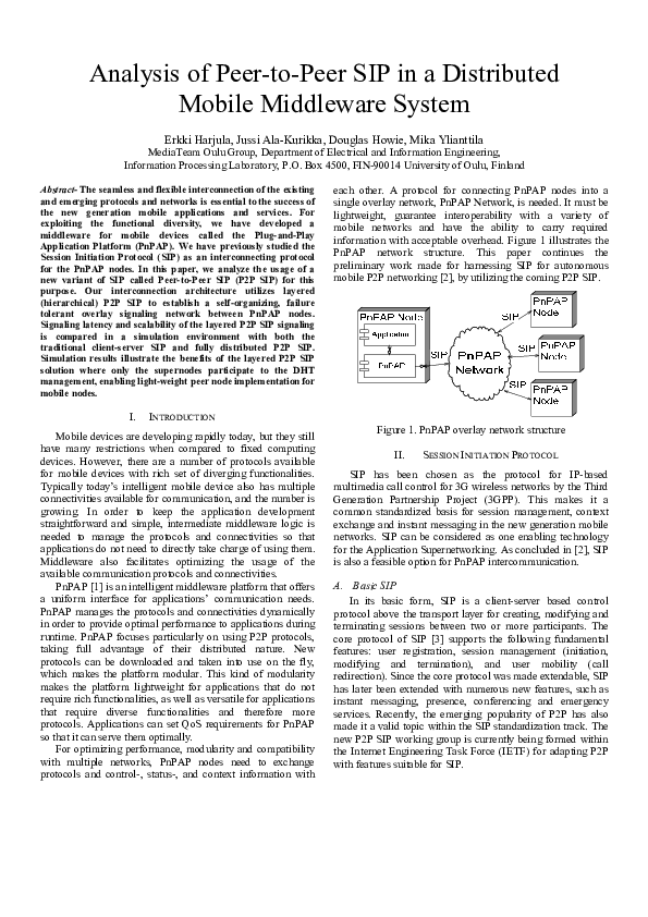 Pdf Ise02 6 Analysis Of Peer To Peer Sip In A Distributed Mobile Middleware System Erkki