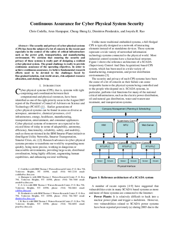 (PDF) Continuous assurance for cyber physical system security | Chung-sheng Li - Academia.edu