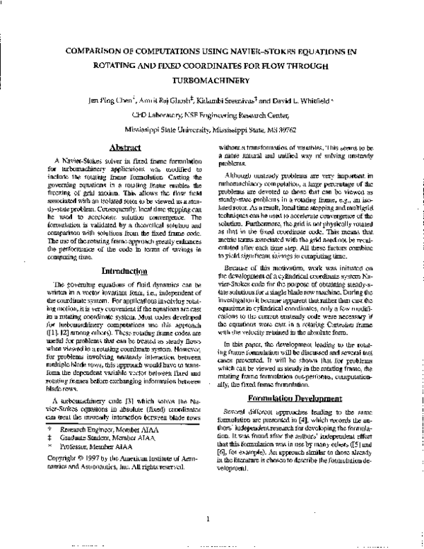 Pdf Comparison Of Computations Using Navier Stokes Equations In Rotating And Fixed Coordinates