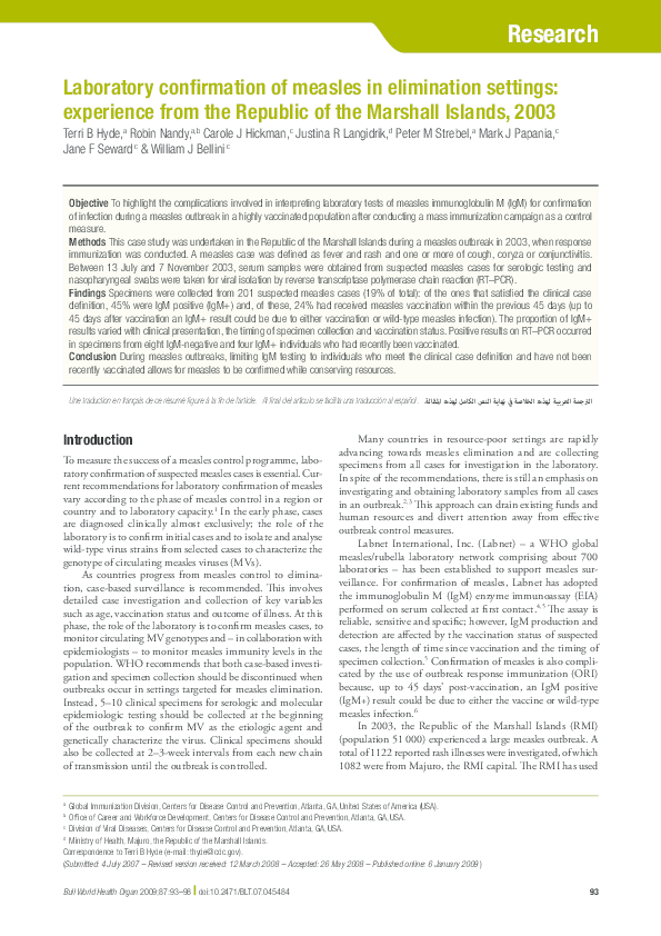 (PDF) Laboratory confirmation of measles in elimination settings: experience from the Republic ...