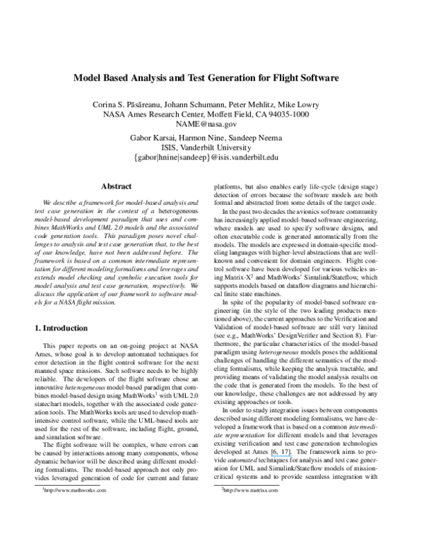 Pdf Model Based Analysis And Test Generation For Flight Software