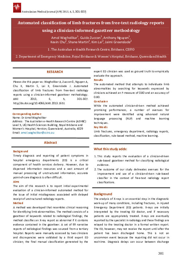 (PDF) Automated classification of limb fractures from free-text radiology reports using a ...