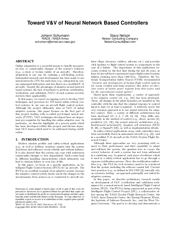 (PDF) Toward V&V of neural network based controllers | Johann Schumann and Stacy Nelson ...