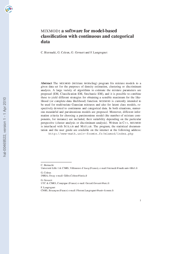 (PDF) MIXMOD: a software for model-based classification with continuous and categorical data