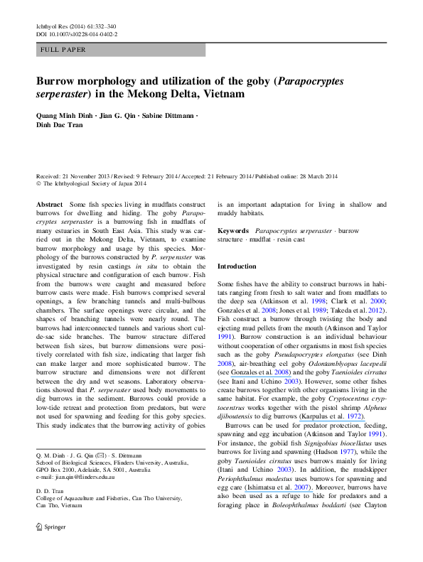(PDF) Burrow morphology and utilization of the goby (Parapocryptes ...