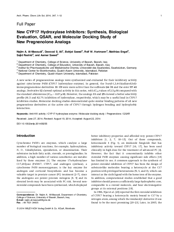 (PDF) New CYP17 Hydroxylase Inhibitors: Synthesis, Biological Evaluation, QSAR, and Molecular ...