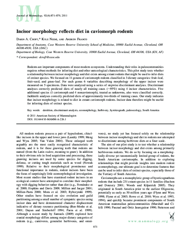 (PDF) Incisor morphology reflects diet in caviomorph rodents | Darin A ...