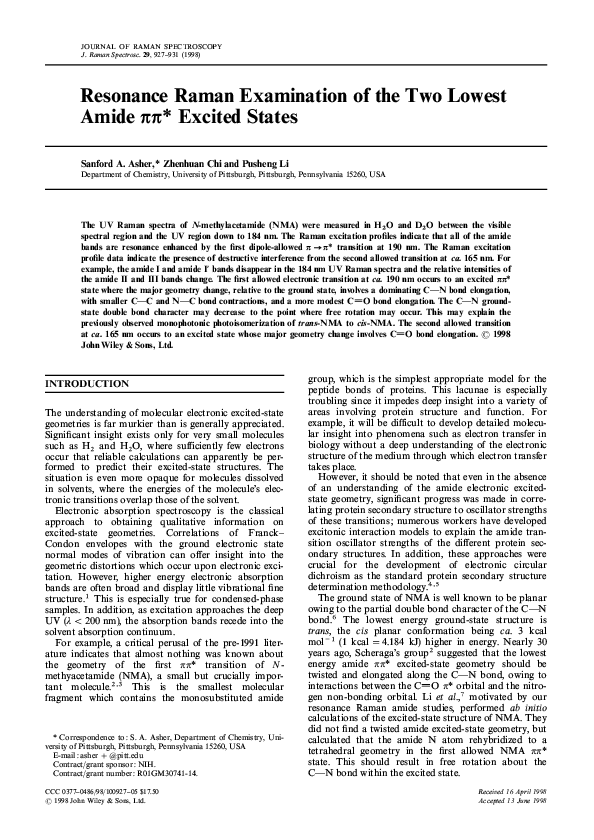 (PDF) Resonance Examination of the Two Lowest Raman Amide Excited States pp