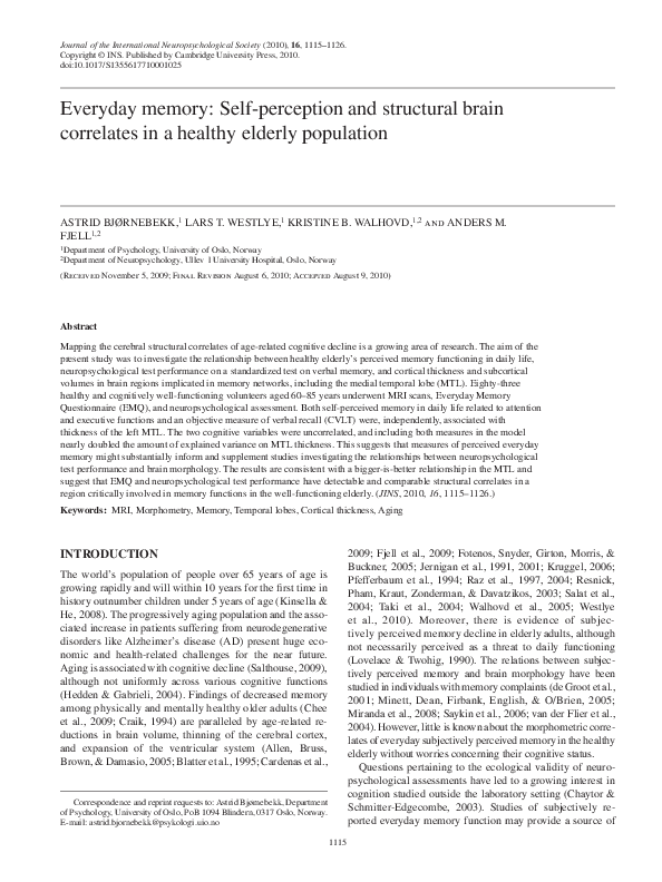 (PDF) Everyday memory: Self-perception and structural brain correlates ...