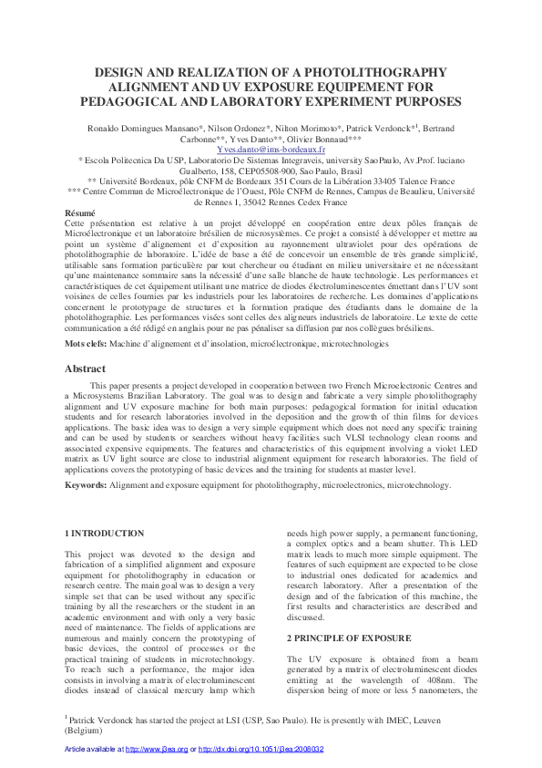 (PDF) Design and realization of a photolithography alignment and uv ...