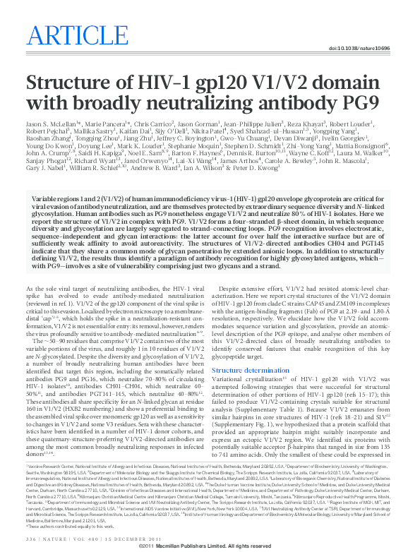 Structure of HIV-1 gp120 V1/V2 domain with broadly neutralizing ...