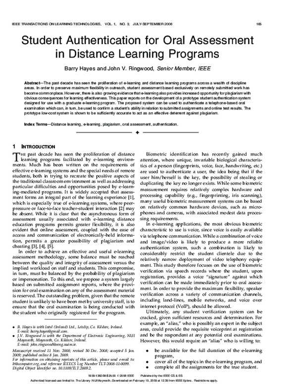 (PDF) Student Authentication for Oral Assessment in Distance Learning ...