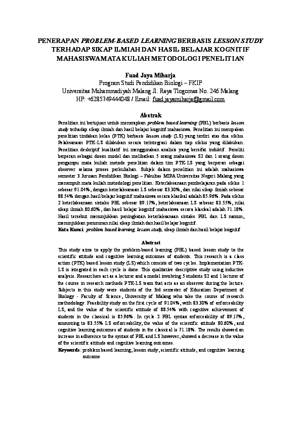 (DOC) PENERAPAN PROBLEM-BASED LEARNING BERBASIS LESSON STUDY TERHADAP ...