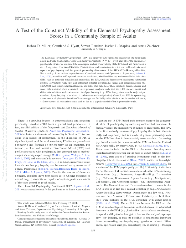 (PDF) A Test of the Construct Validity of the Elemental Psychopathy ...
