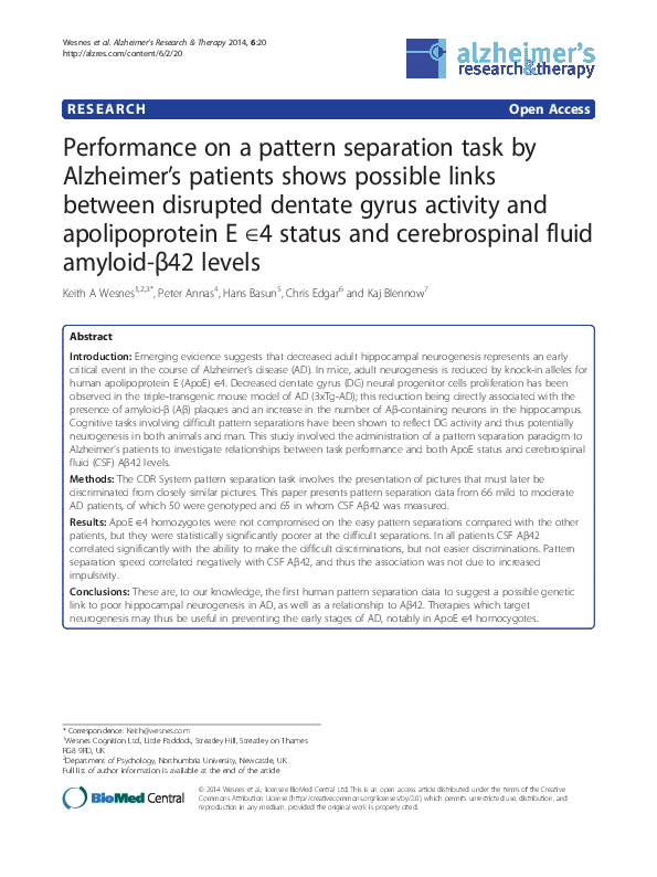 (PDF) Performance on a pattern separation task by Alzheimer's patients ...