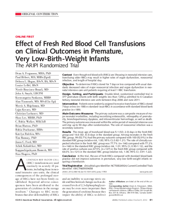 (PDF) Effect of Fresh Red Blood Cell Transfusions on Clinical Outcomes ...