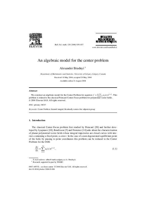(PDF) An algebraic model for the center problem