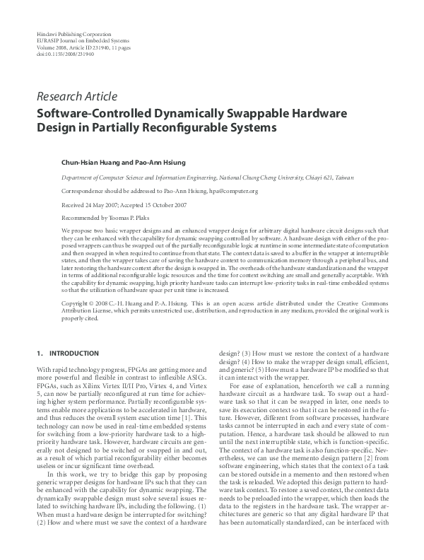 Pdf Software Controlled Dynamically Swappable Hardware Design In