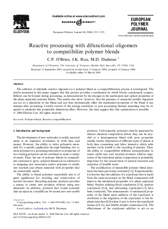 (PDF) Reactive processing with difunctional oligomers to compatibilize polymer blends