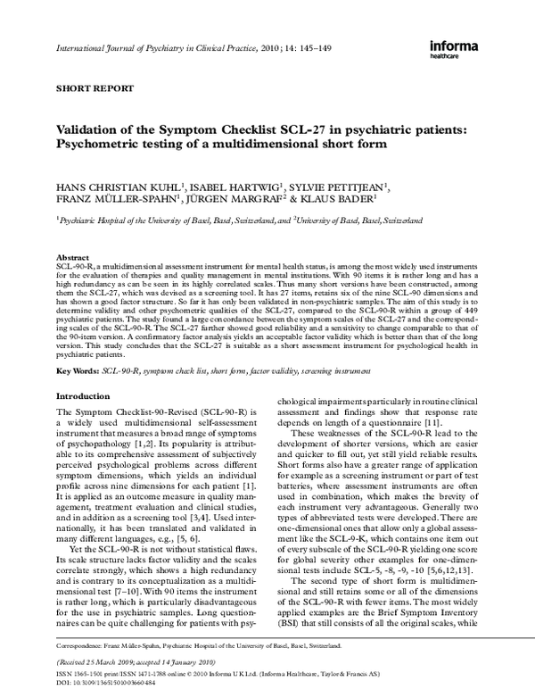 (PDF) Validation of the Symptom Checklist SCL-27 in psychiatric ...