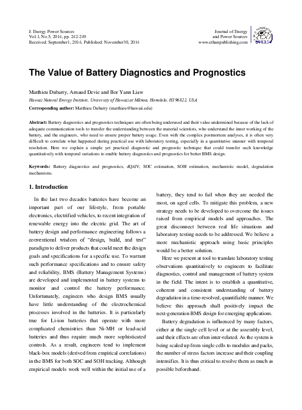 (PDF) The Value of Battery Diagnostics and Prognostics