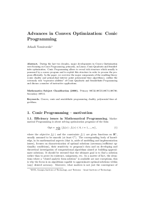 (PDF) Advances in convex optimization: conic programming