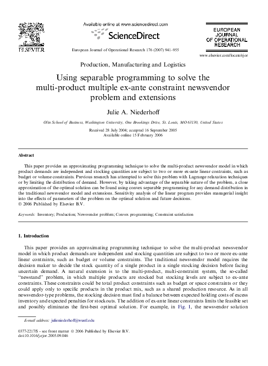 Using Separable Programming To Solve The Multi Product Multiple Ex Ante Constraint Newsvendor