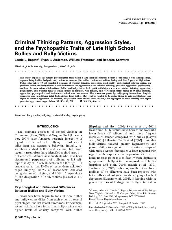 (PDF) Criminal thinking patterns, aggression styles, and the ...