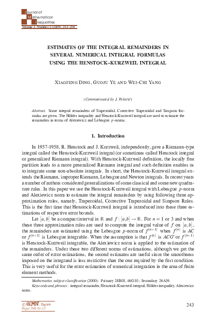 Pdf Estimates Of The Integral Remainders In Several Numerical