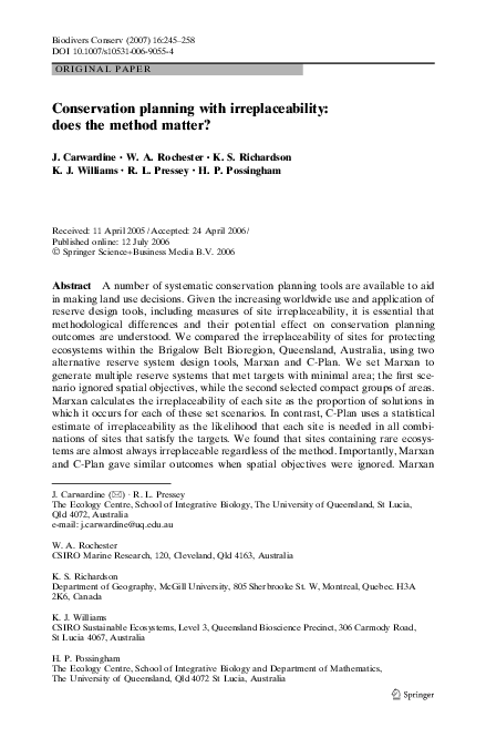 (PDF) Conservation planning with irreplaceability: does the method matter?