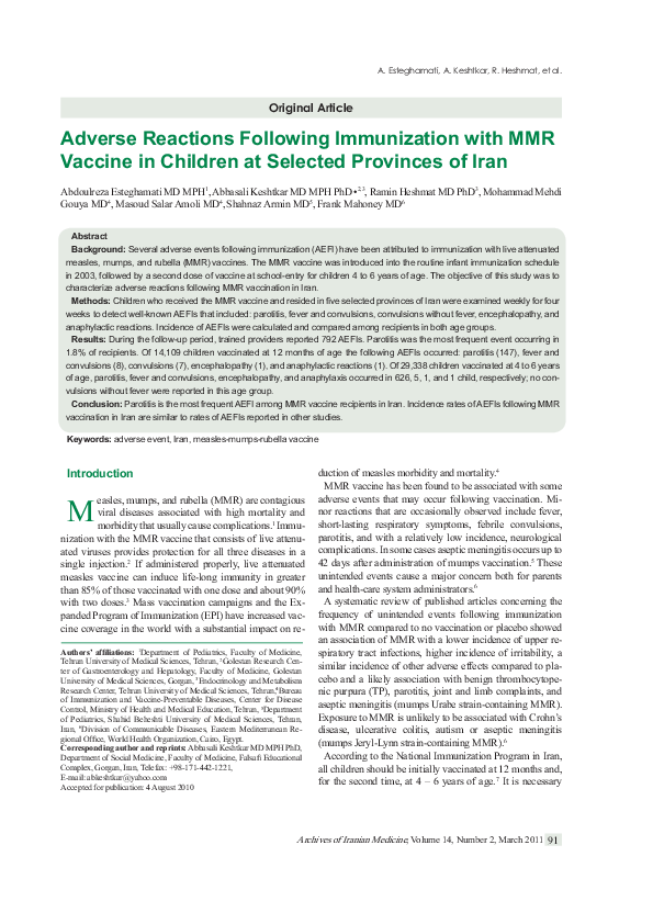 (PDF) Adverse reactions following immunization with MMR vaccine in ...