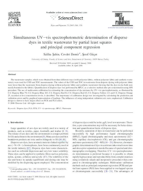 Pdf Simultaneous Uv Vis Spectrophotometric Determination Of Disperse Dyes In Textile