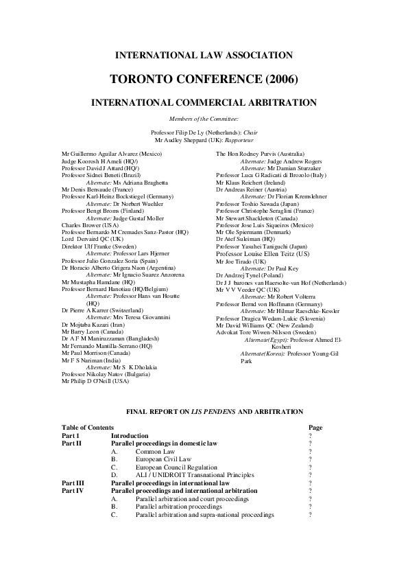 (PDF) ILA FINAL REPORT ON LIS PENDENS AND ARBITRATION (TORONTO, 2006)