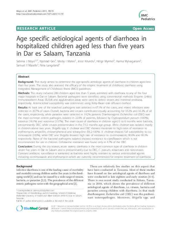 (PDF) Age specific aetiological agents of diarrhoea in hospitalized ...