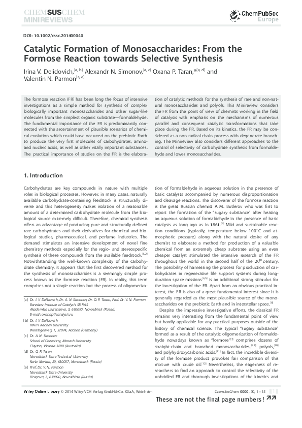 (PDF) Catalytic formation of monosaccharides: from the formose reaction ...