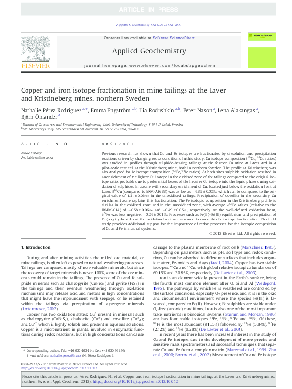 (PDF) Copper and iron isotope fractionation in mine tailings at the ...