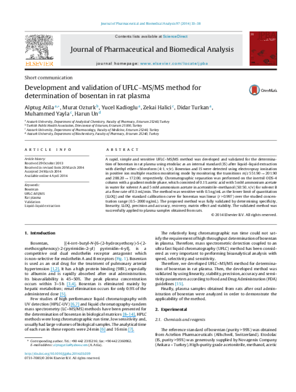 (PDF) Development and validation of UFLC–MS/MS method for determination of bosentan in rat plasma